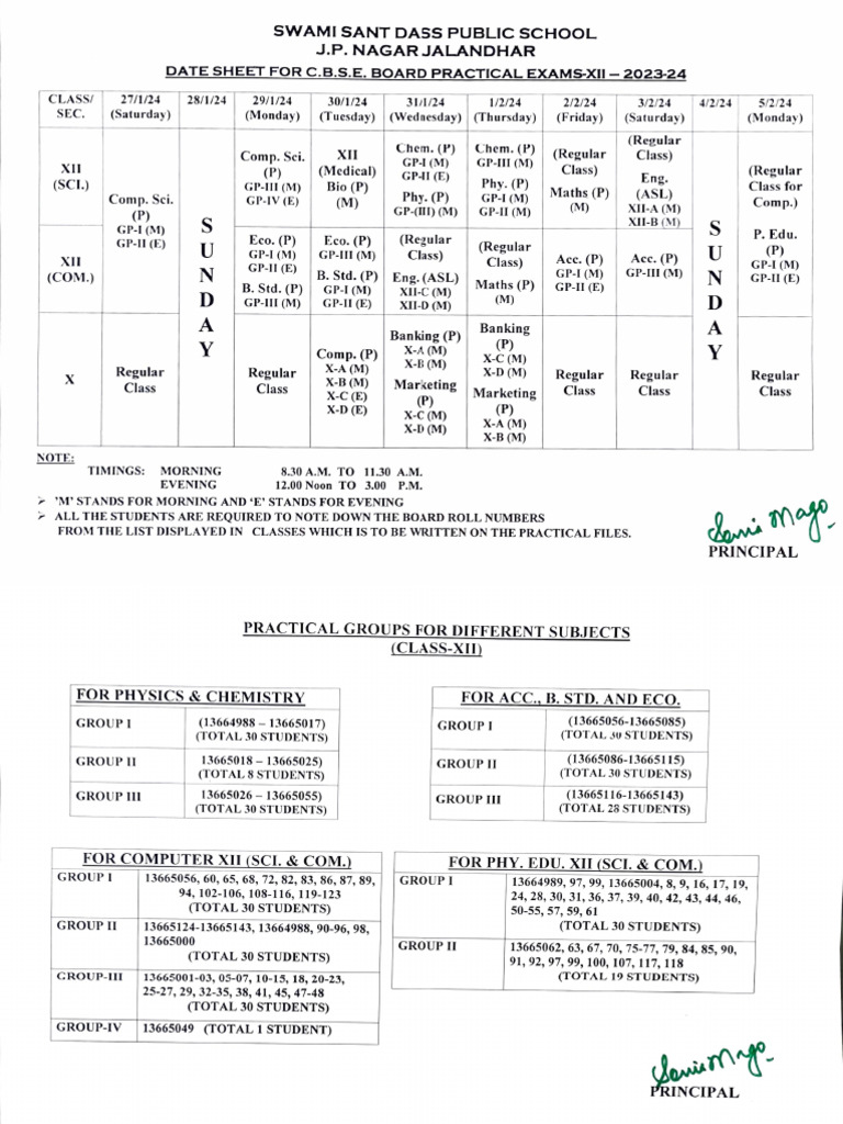 Cbse Board Practical Date Sheet 2023 - 2024 | PDF | Secondary Education