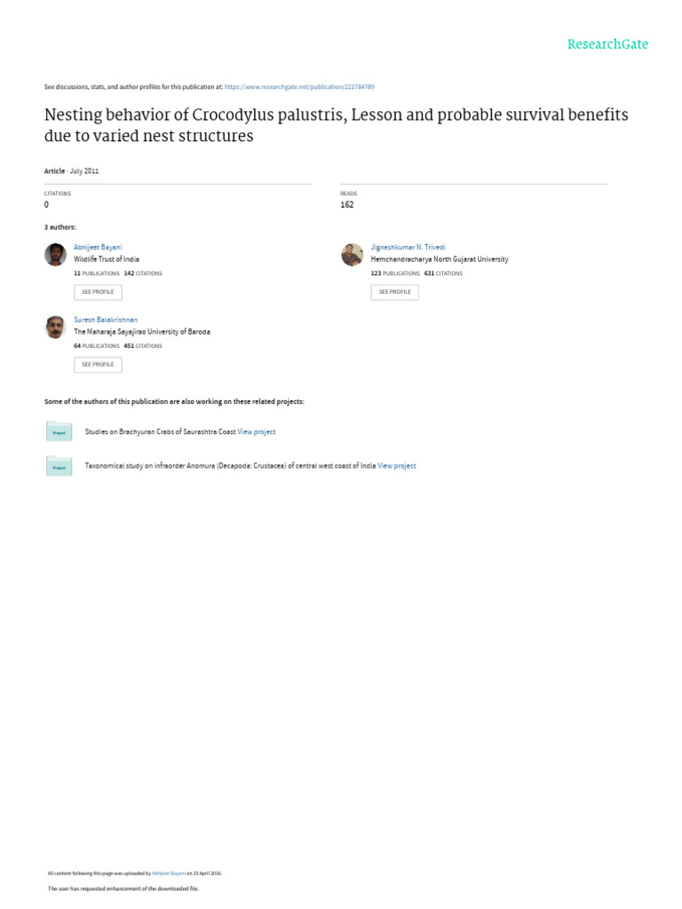 Nesting Behavior of Crocodylus Palustris, Lesson and Probable Survival Benefits Due To Varied ...