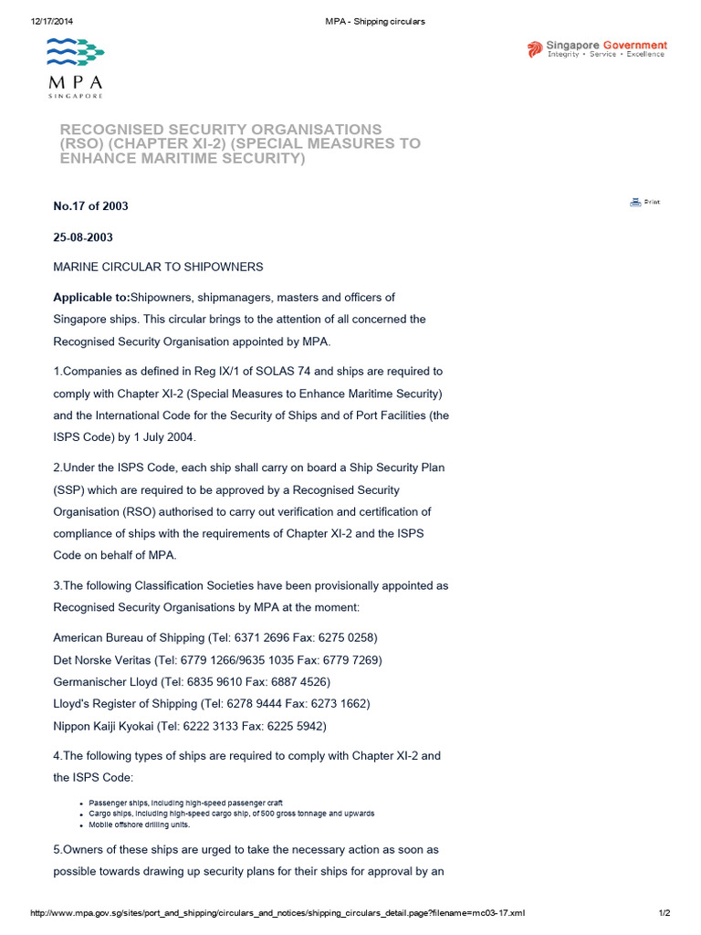 Recognised Security Organisations (Rso) (Chapter Xi 2) (Special Measures To Enhance Maritime ...