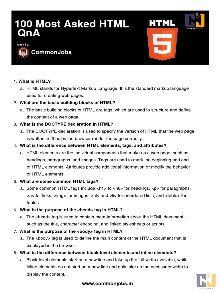 100 Most Asked HTML QnA PDF | PDF | Html Element | Html