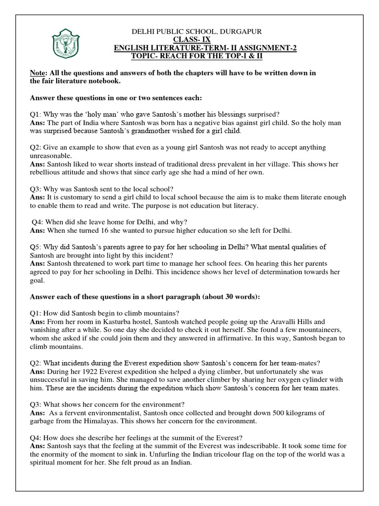 Class 9 English Term II Assignment-2 | PDF | Mount Everest