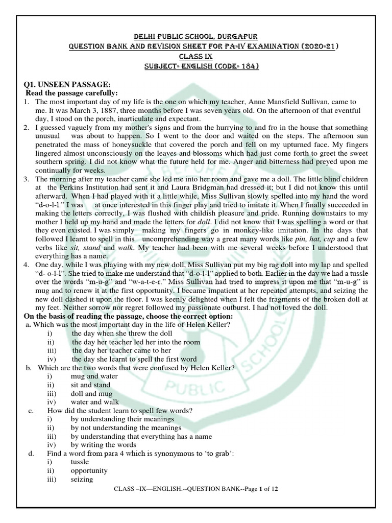 Class 9 English Question Bank Pa 4 | PDF