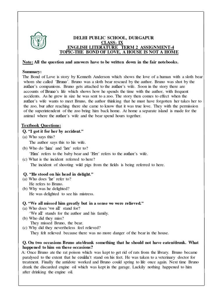 Class 9 Assignment Term 2 (Lit - 4) Bond of Love House Is Not A Home | PDF | Religion ...