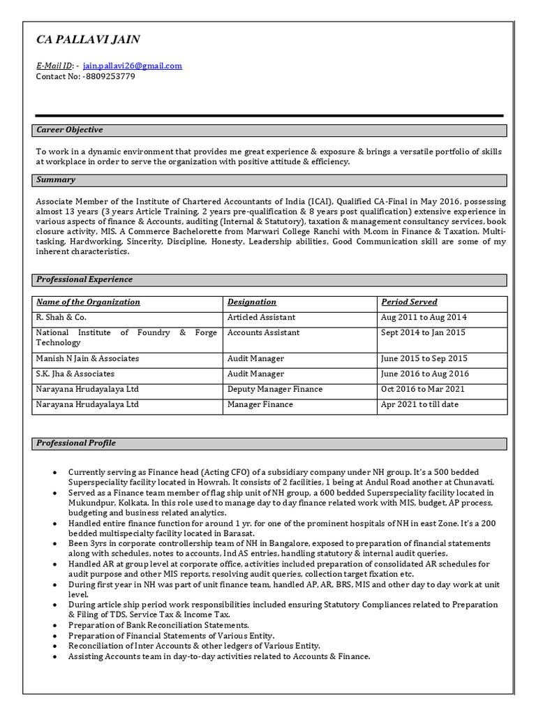 Cv-CA Pallavi Jain 17.04.2024 | PDF | Audit | Business