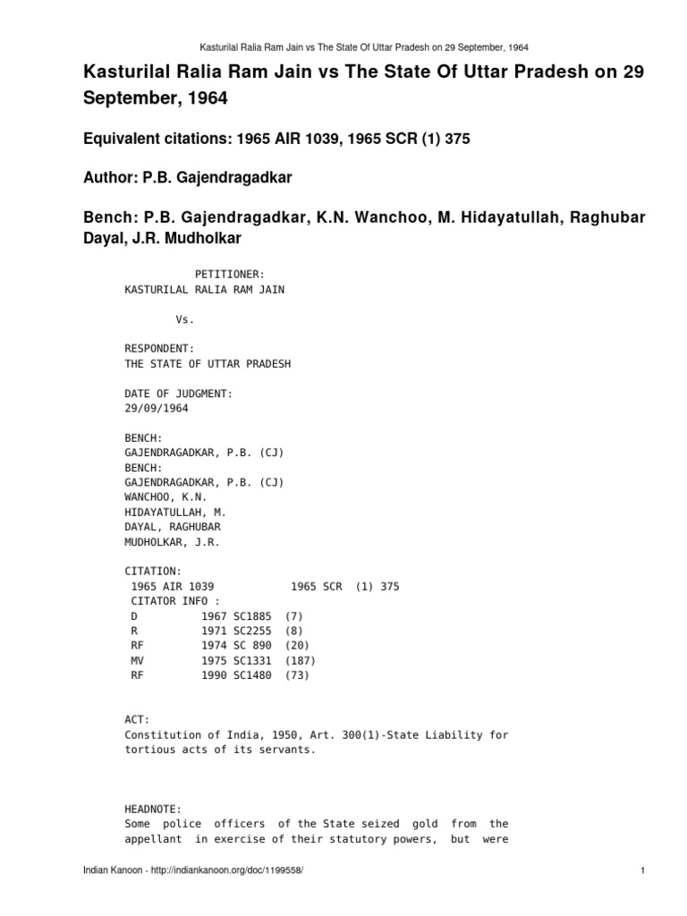 Kasturilal Ralia Ram Jain Vs The State of Uttar Pradesh On 29 September 1964 | Download Free PDF ...