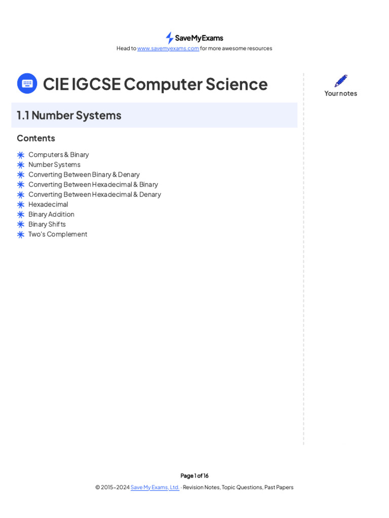 CIE IGCSE Computer Science: 1.1 Number Systems | Download Free PDF ...