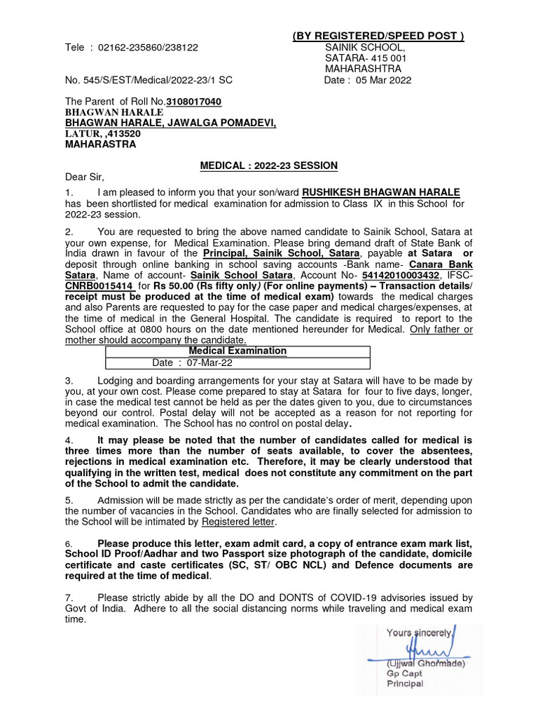 Medical Exam Call Letters For Class IX | PDF | Banks | Receipt