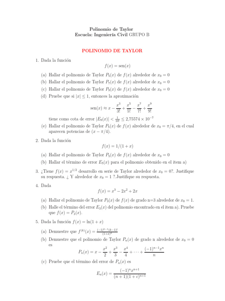 Lista de Ejercicios Sobre El Polinomio de Taylor | Descargar gratis PDF | Análisis numérico ...