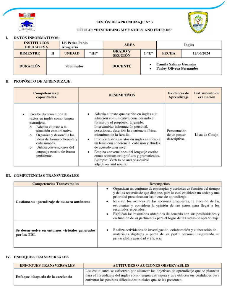 Describing My Family and Friends 1''e'' | PDF | Aprendizaje | Evaluación