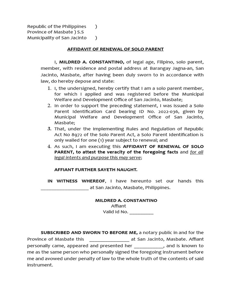 Affidavit for Solo Parent Renewal | PDF