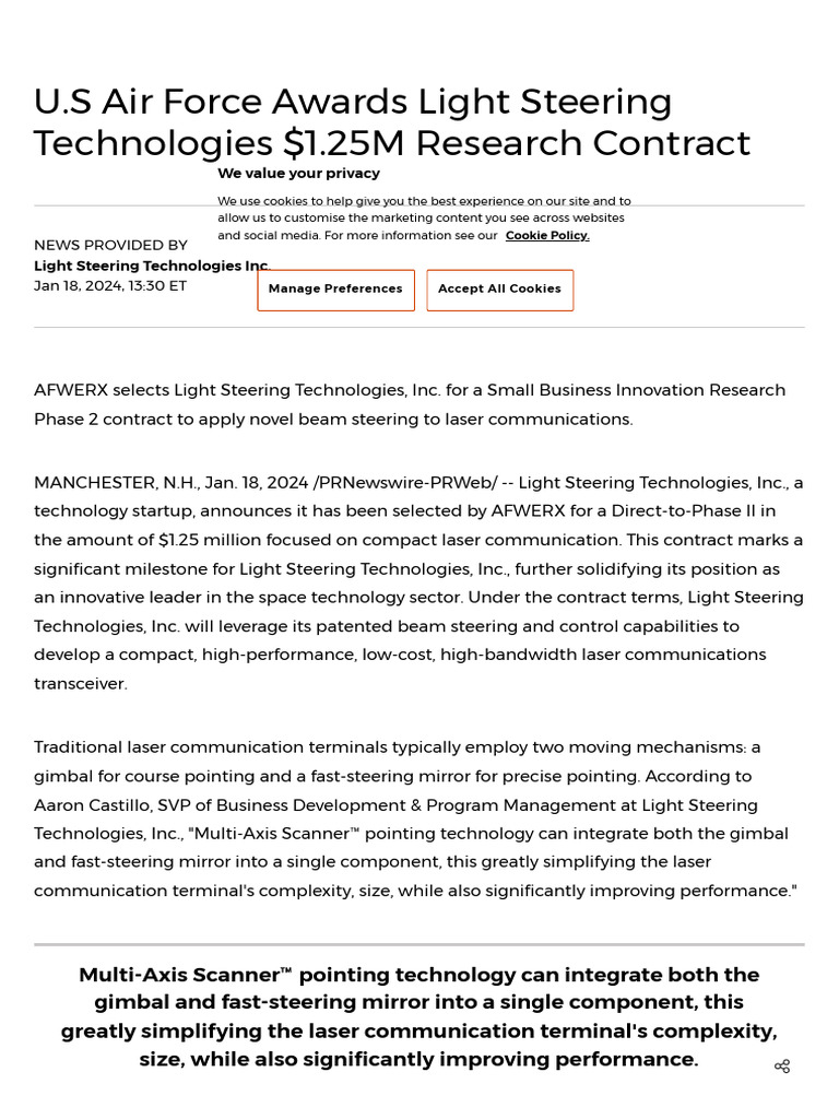 U.S Air Force Awards Light Steering Technologies $1.25M Research ...