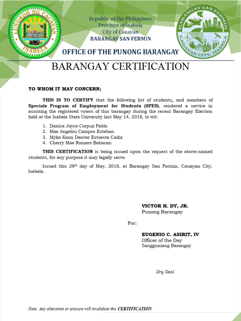 2018 Certification - SPES (Danica Joyce Corpuz Pablo) | PDF