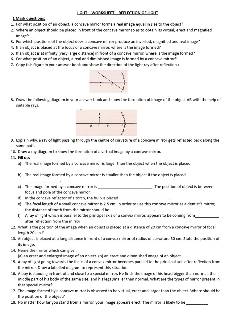 LIGHT Worksheet - Reflection | Download Free PDF | Mirror | Electromagnetic Radiation