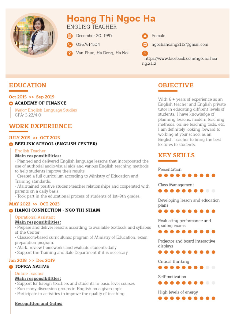 Experienced English Teacher Resume | PDF | Teachers | Curriculum
