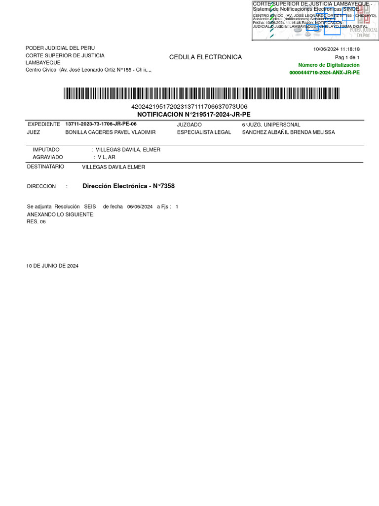 Exp. 13711-2023-73-1706-JR-PE-06 - Cédula - 219517-2024 | PDF