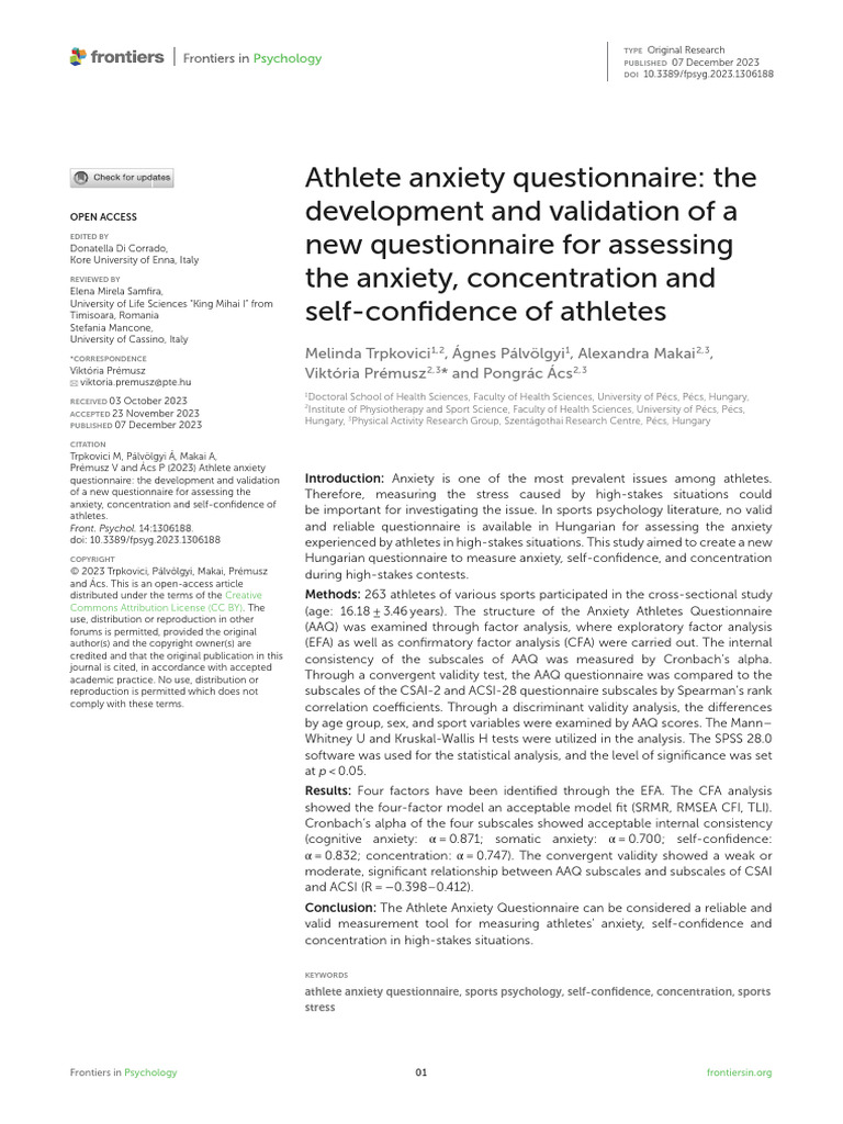 Athlete Anxiety Questionnaire The Development and | PDF | Factor Analysis | Cronbach's Alpha