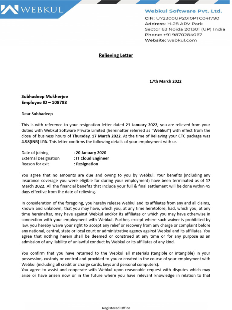Relieving Letter for Subhadeep Mukherjee | PDF | Employment | Civil Law ...