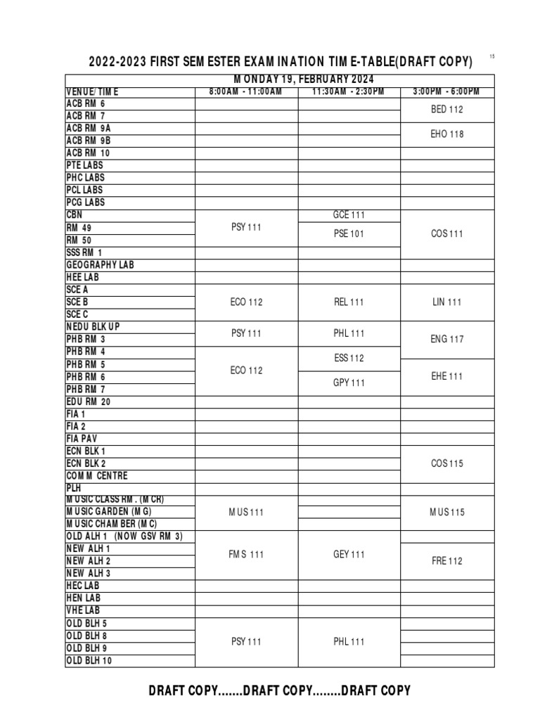 2022-2023 First Semester Exam Time-Table (Draft Copy) For Year One Stream A & B. Main Work PD | PDF