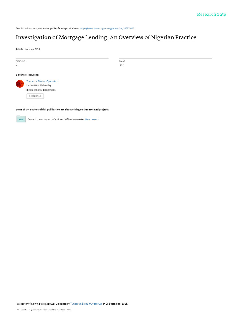 Investigation of Mortgage Lending-An Overview of Nigerian Practice ...