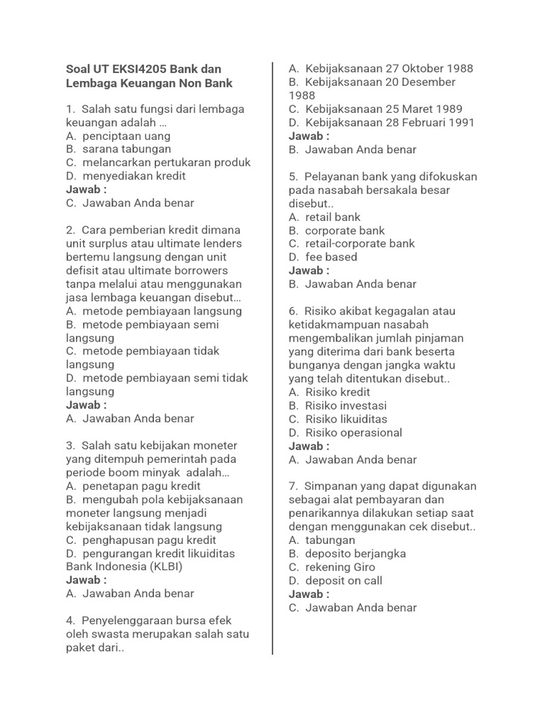 Soal UT EKSI4205 Bank Dan Lembaga Keuangan Non Bank | PDF