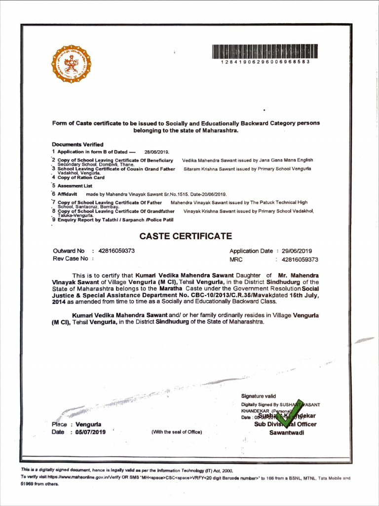 Caste Certificate | PDF