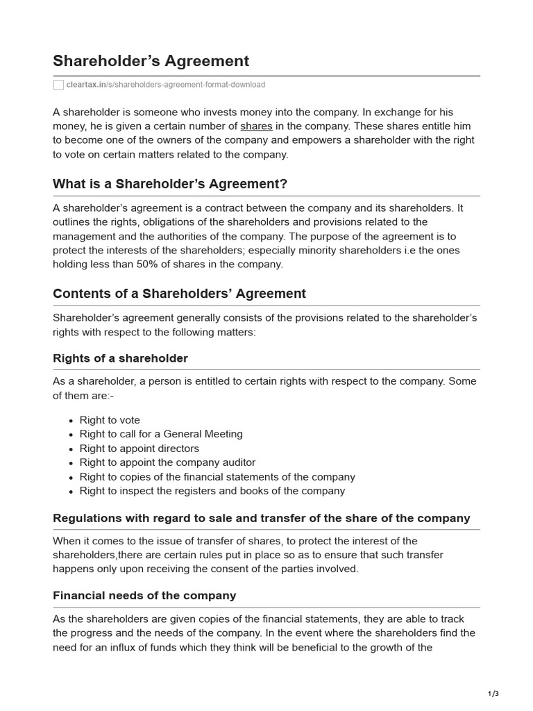 Cleartax - In-Shareholders Agreement | PDF | Valuation (Finance ...