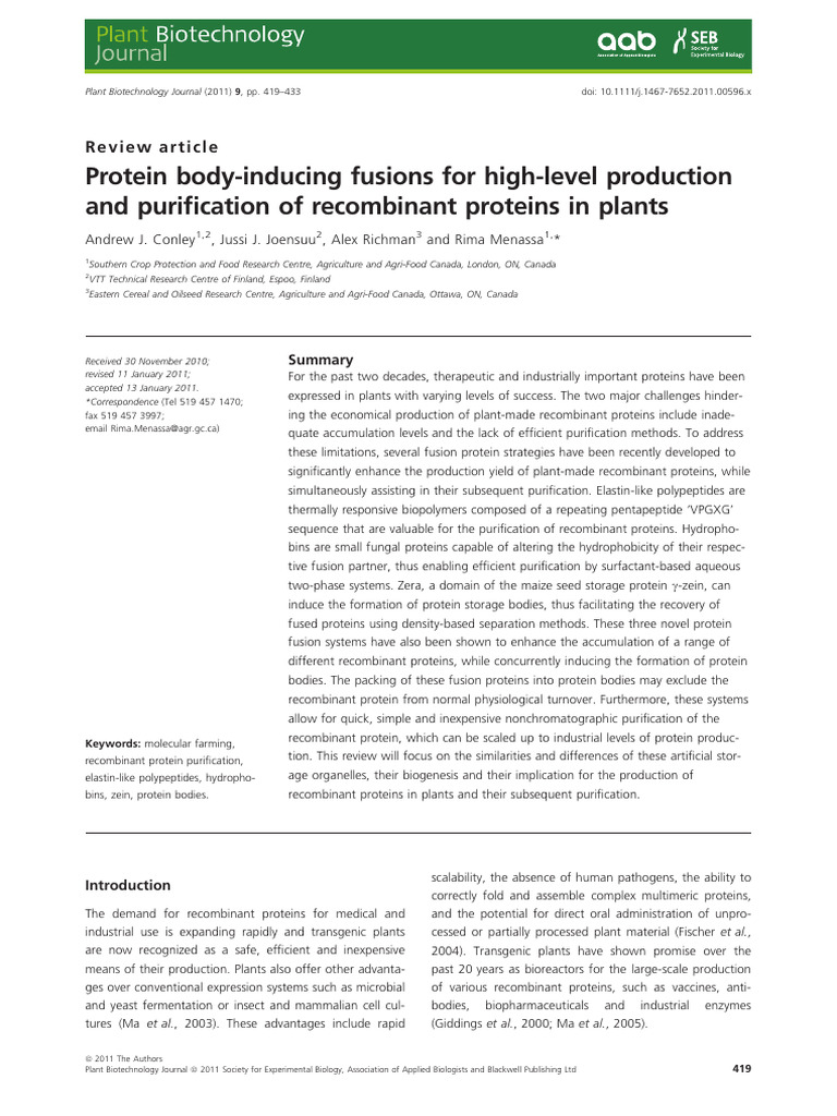 Protein Body-Inducing Fusions For High-Level Production and Purification of Recombinant Proteins ...