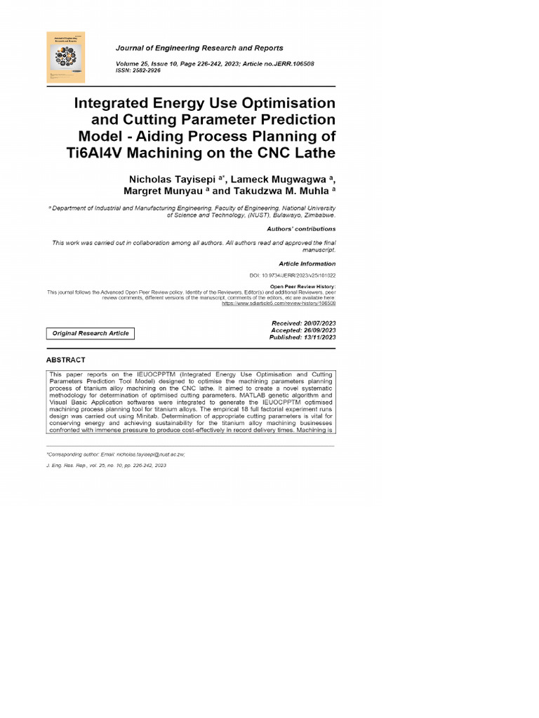 View of Integrated Energy Use Optimisation and Cutting Parameter Prediction Model - Aiding ...