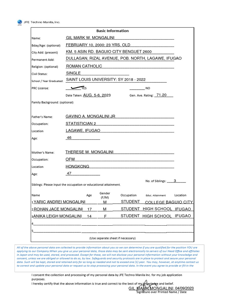 (JFE Techno Manila, Inc.) Basic Information Sheet | PDF | Knowledge | Information