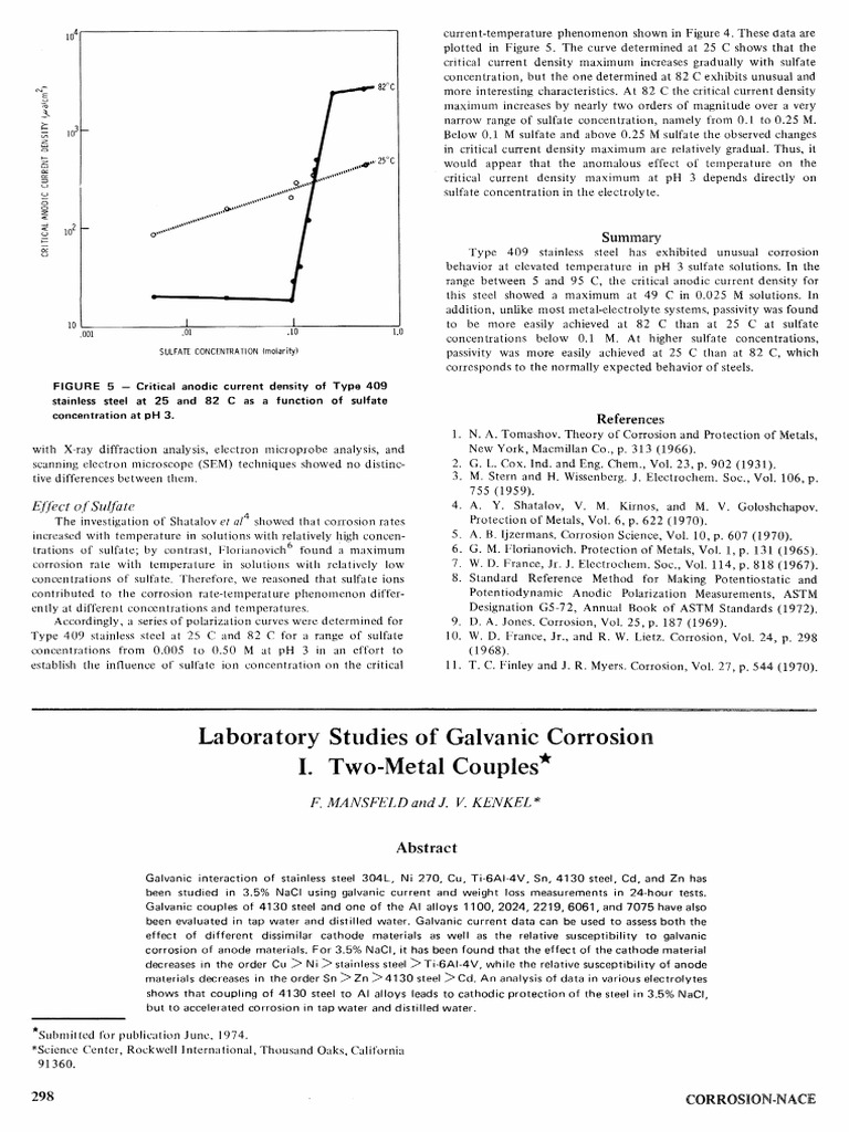 Laboratory Studies of Galvanic Corrosion I. Two-Metal Couples | PDF