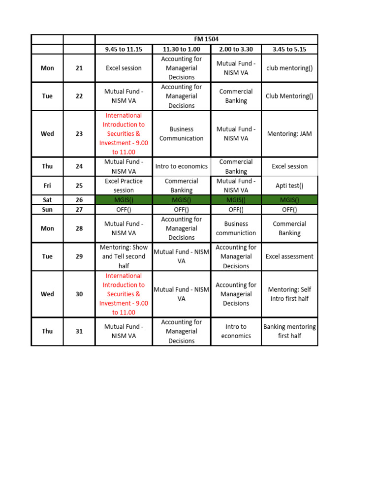 Weekly Schedule for Finance Courses | PDF | Economies | Securities ...