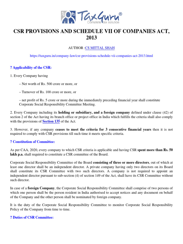 CSR Provisions and Schedule VII of Companies Act, 2013 - Taxguru - in ...