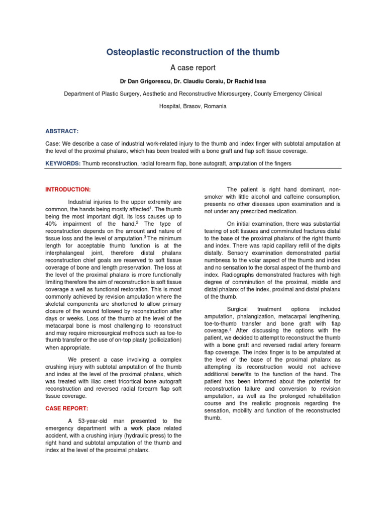 Osteoplastic Reconstruction of The Thumb, Rachid | PDF | Thumb | Hand