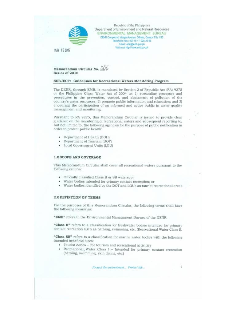 MC 2015 006 Guidelines For Recreational Waters Monitoring Program | PDF