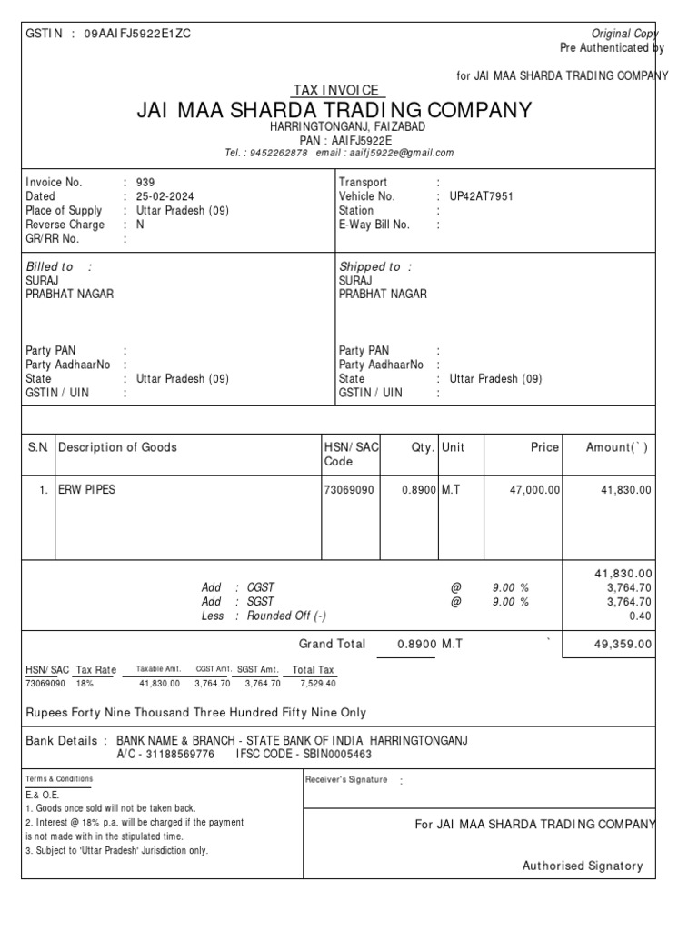 Jai Maa Sharda Trading Company: Tax Invoice | Download Free PDF | Taxes ...