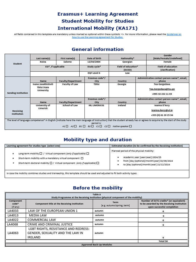 Salome Koiava - Erasmus+ Learning Agreement Student Mobility For Studies International Mobility ...