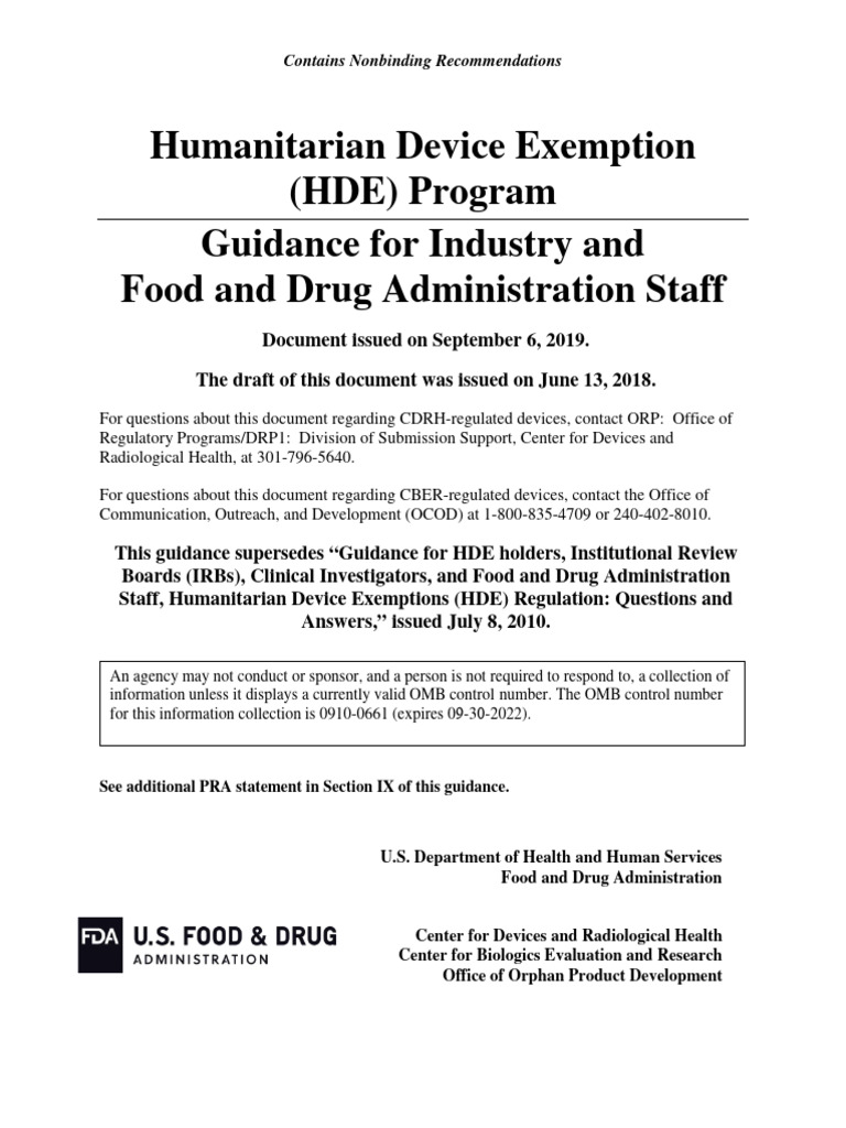 Humanitarian Device Exemption (HDE) Program Guidance For Industry and ...