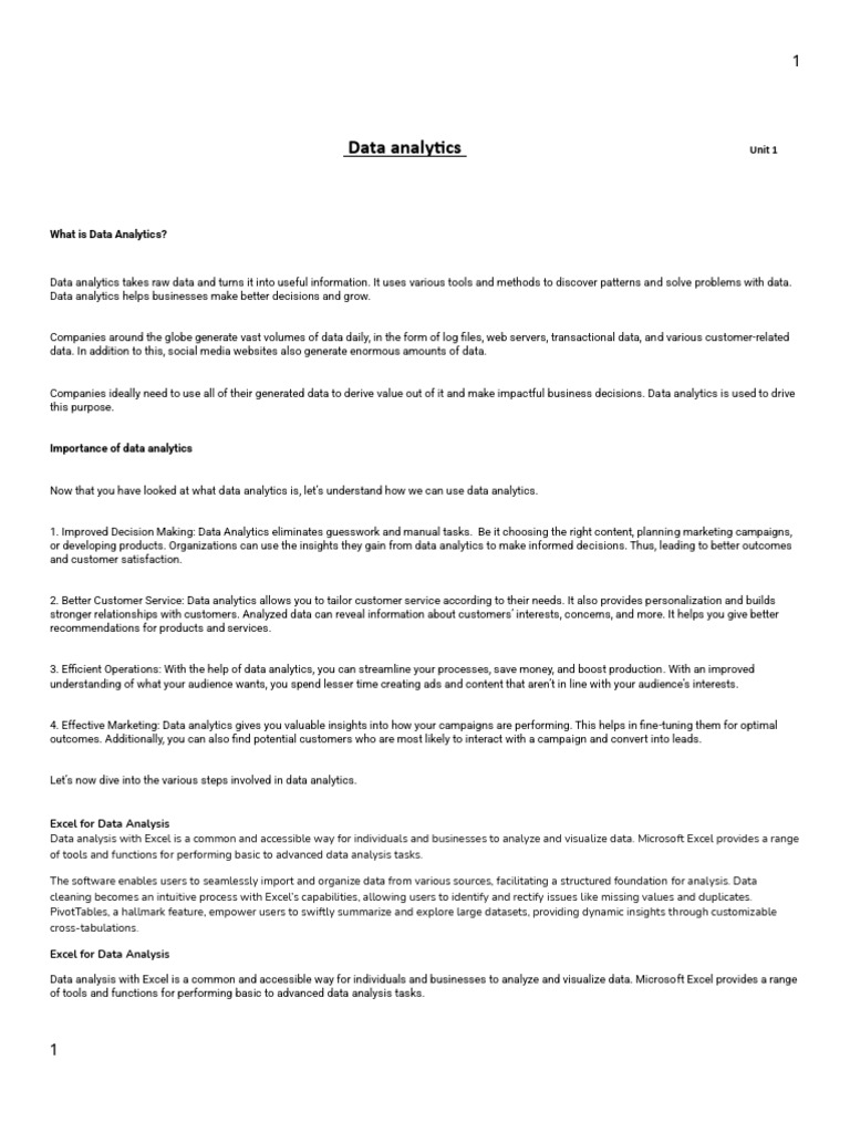 Data Analytics Unit 1 | Download Free PDF | Microsoft Excel | Analytics