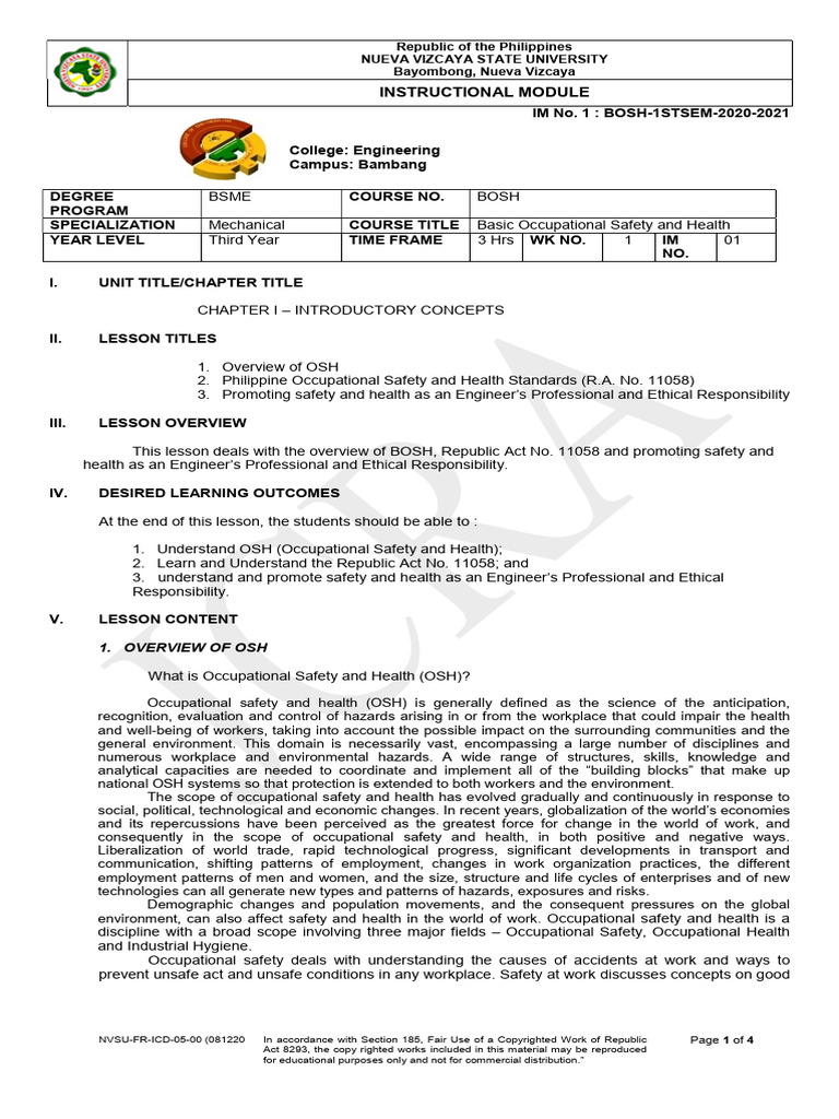 BOSH Module 1 | Download Free PDF | Occupational Safety And Health | Risk
