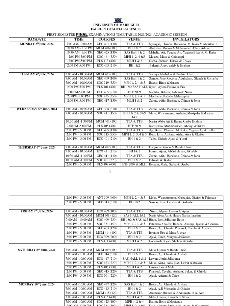 2023/2024 Exam Timetable - Social Sciences | PDF