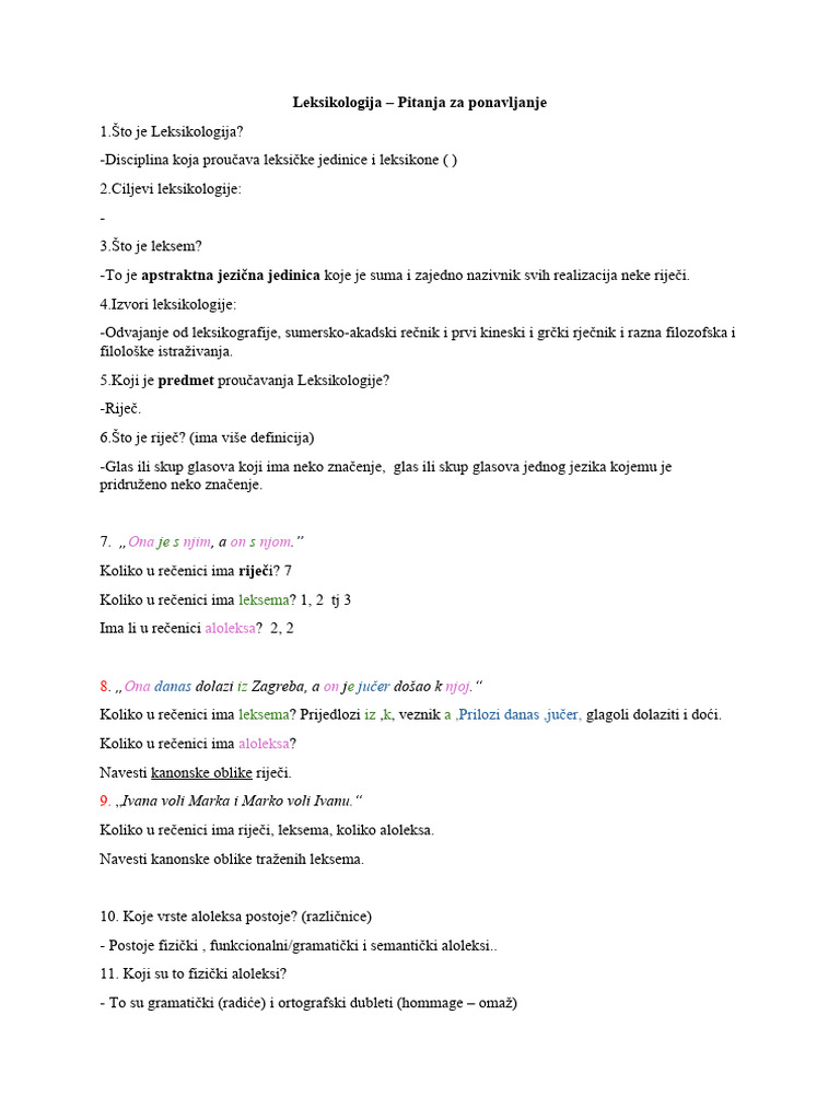 Leksikologija - Pitanja Za Ponavljanje | PDF