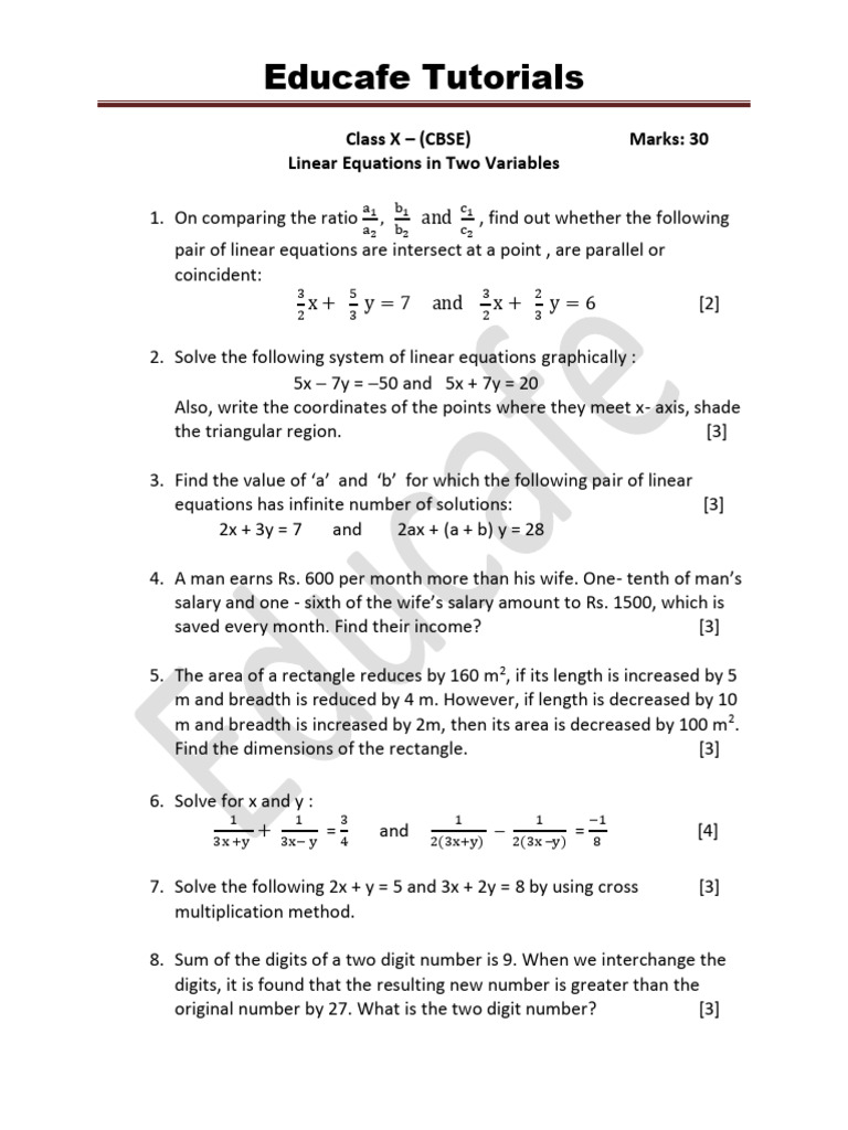 CBSE X Linear Equations in Two Variables | PDF | Equations | System Of ...