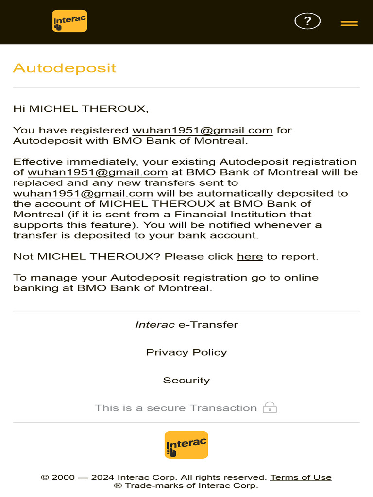 INTERAC E-Transfer Confirm Your Autodeposit Regis | PDF