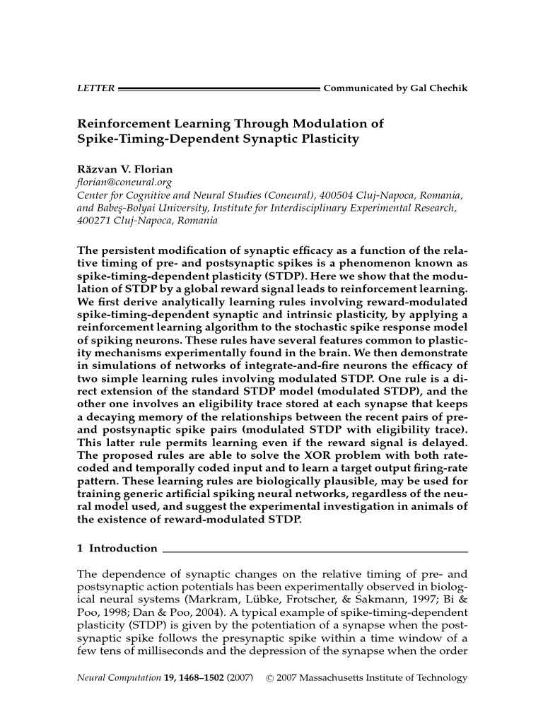 2007 Florian Modulated STDP | PDF | Synapse | Chemical Synapse