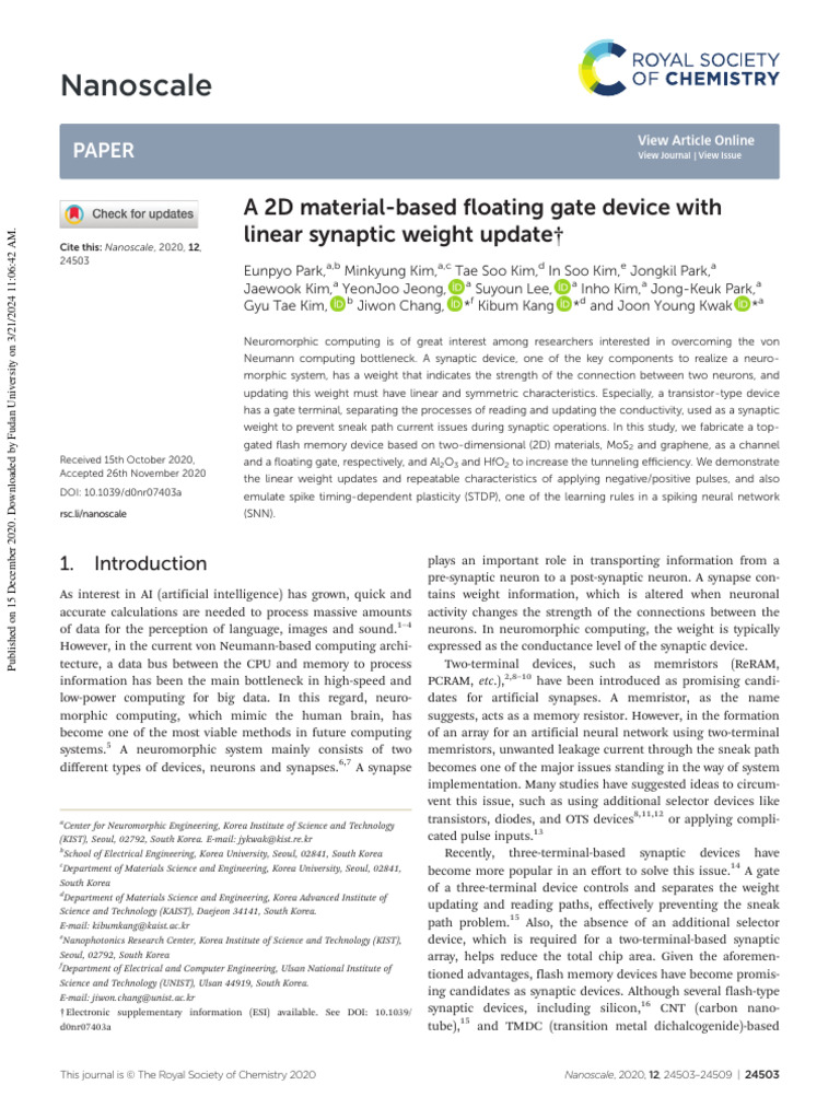 2D Material Floating Gate Synaptic Device | PDF | Field Effect ...