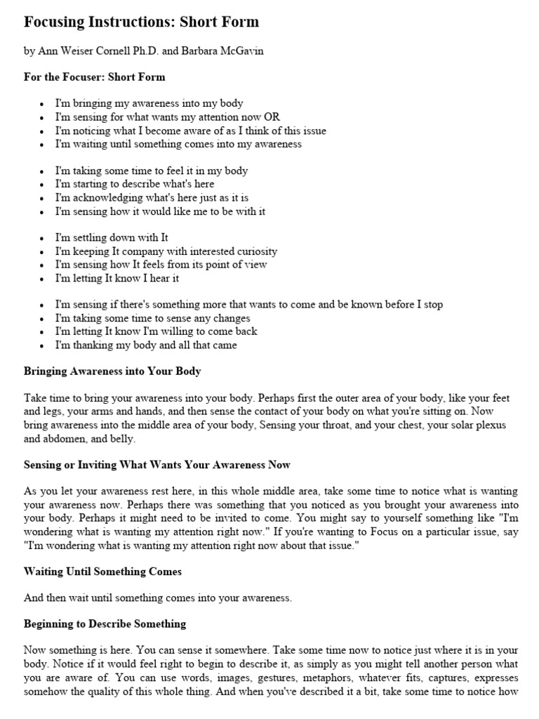 Focusing Instructions Short Form - Ann Weiser Cornell PHD and Barbara ...