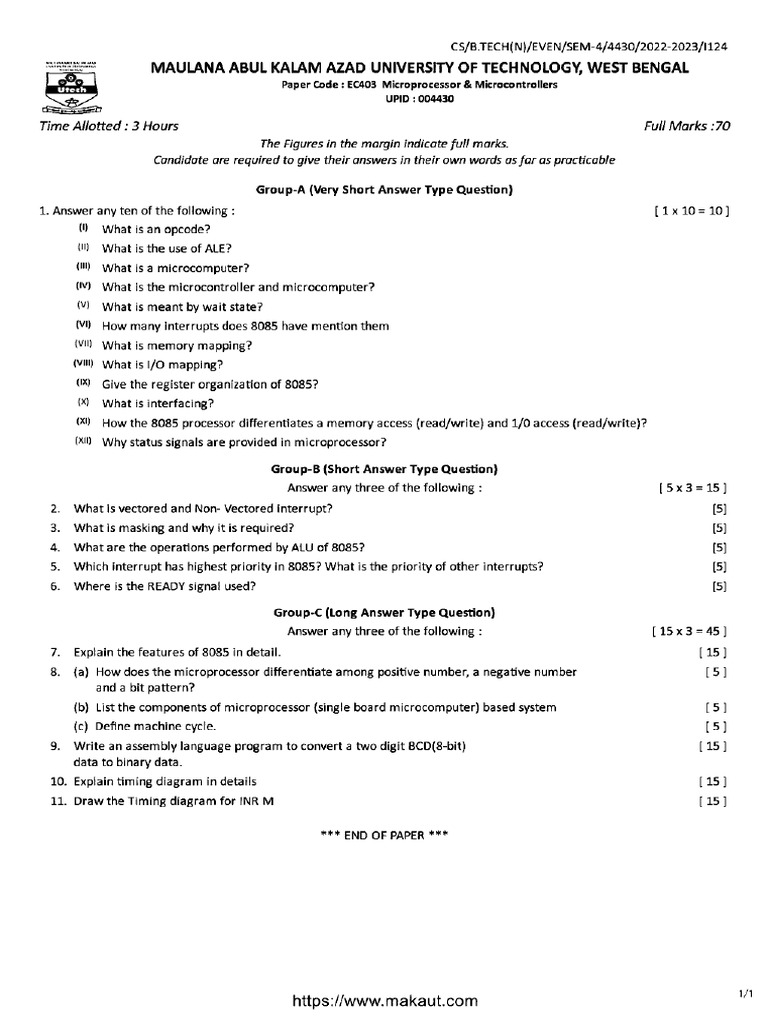 Btech Ec 4 Sem Microprocessor and Microcontrollers Ec403 2023 | PDF