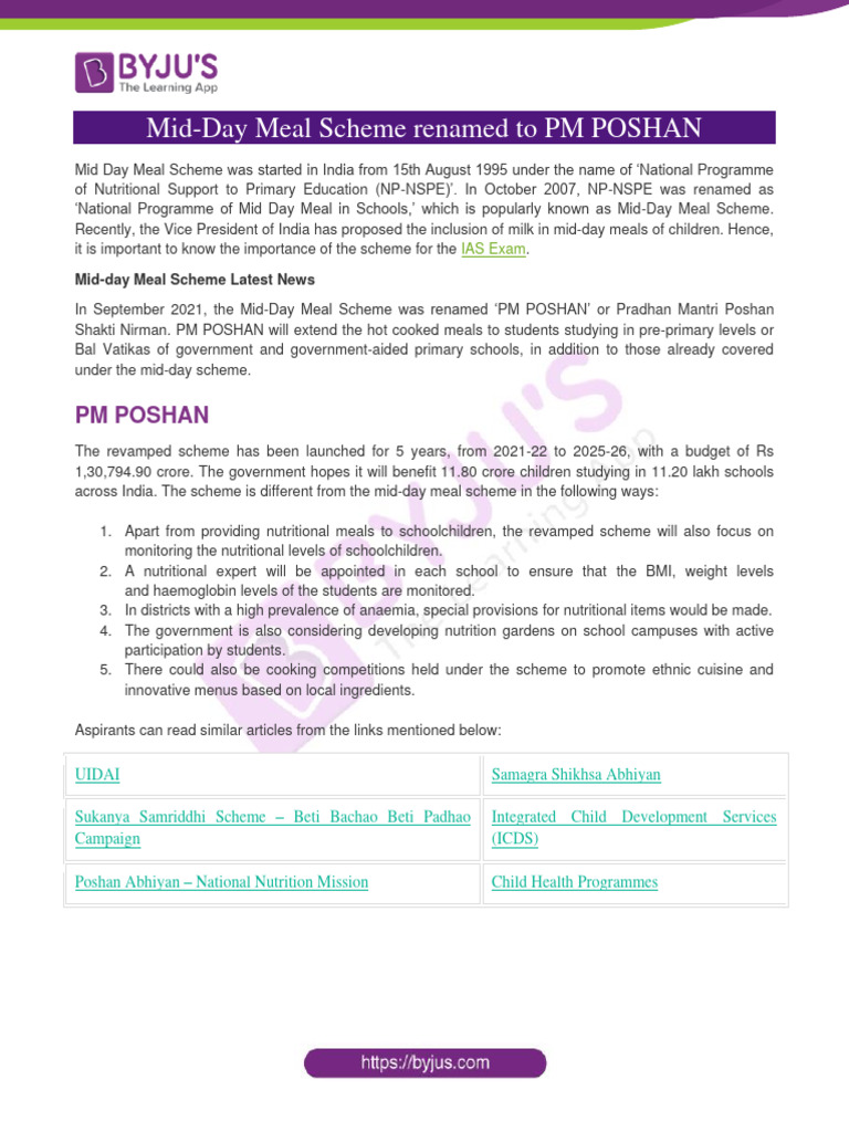 PM POSHAN: Mid-Day Meal Scheme Update | PDF