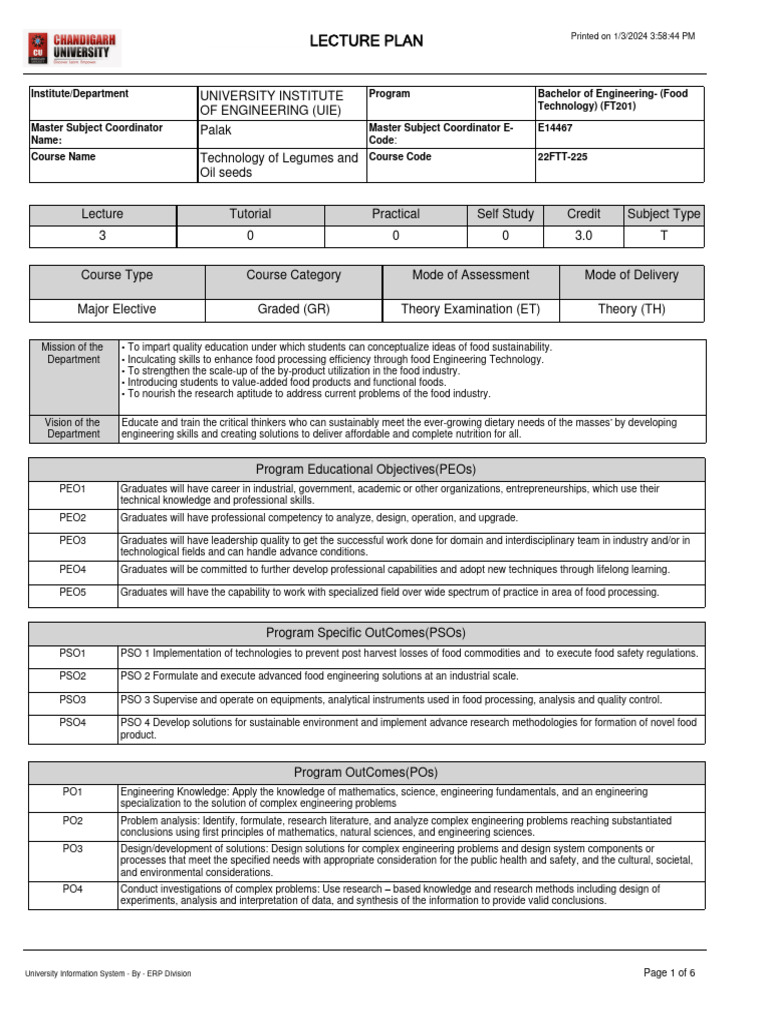 LecturePlan FT201 22FTT-225 | PDF | Engineering | Analysis