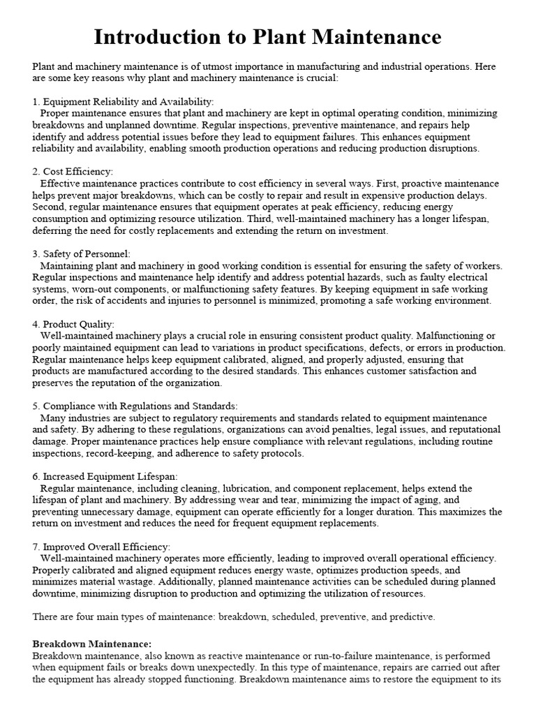 Introduction To Plant Maintenance | PDF | Reliability Engineering | Safety